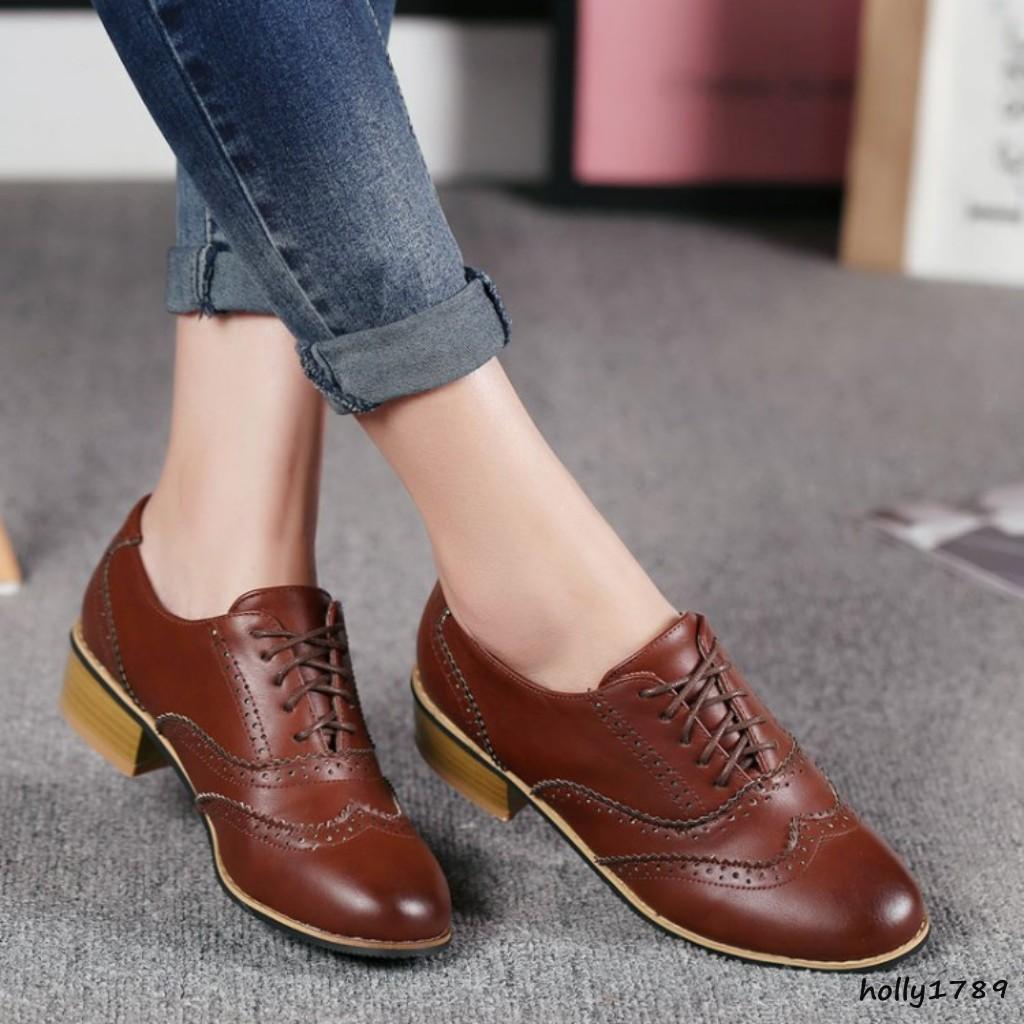 Oxford Women Block Heel Lace Up WingTip Vintage Girls Brogue College ...