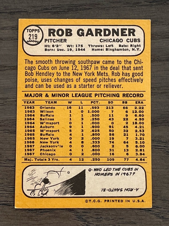 1968 Topps Rob Gardner #219 Chicago Cubs | eBay
