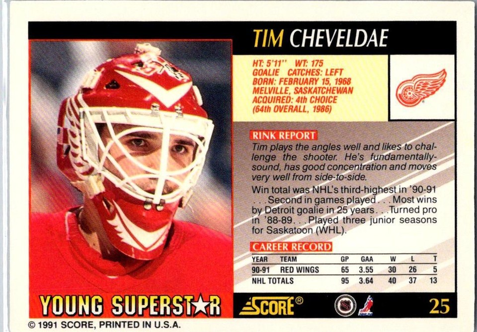 1991 Tim Cheveldae #25 Score Detroit Red Wings 91-SRHKC#1 | eBay