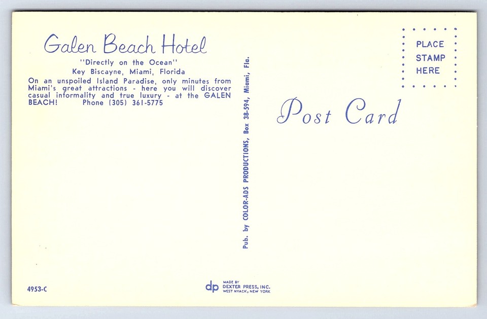 Postcard Miami Florida Key Biscayne Galen Beach Hotel Florida | eBay