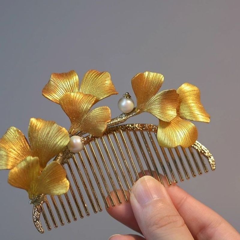 Gold Tone Apricot Leaf Hairpin Hair Comb Chinese Hanfu Vintage Hair ...