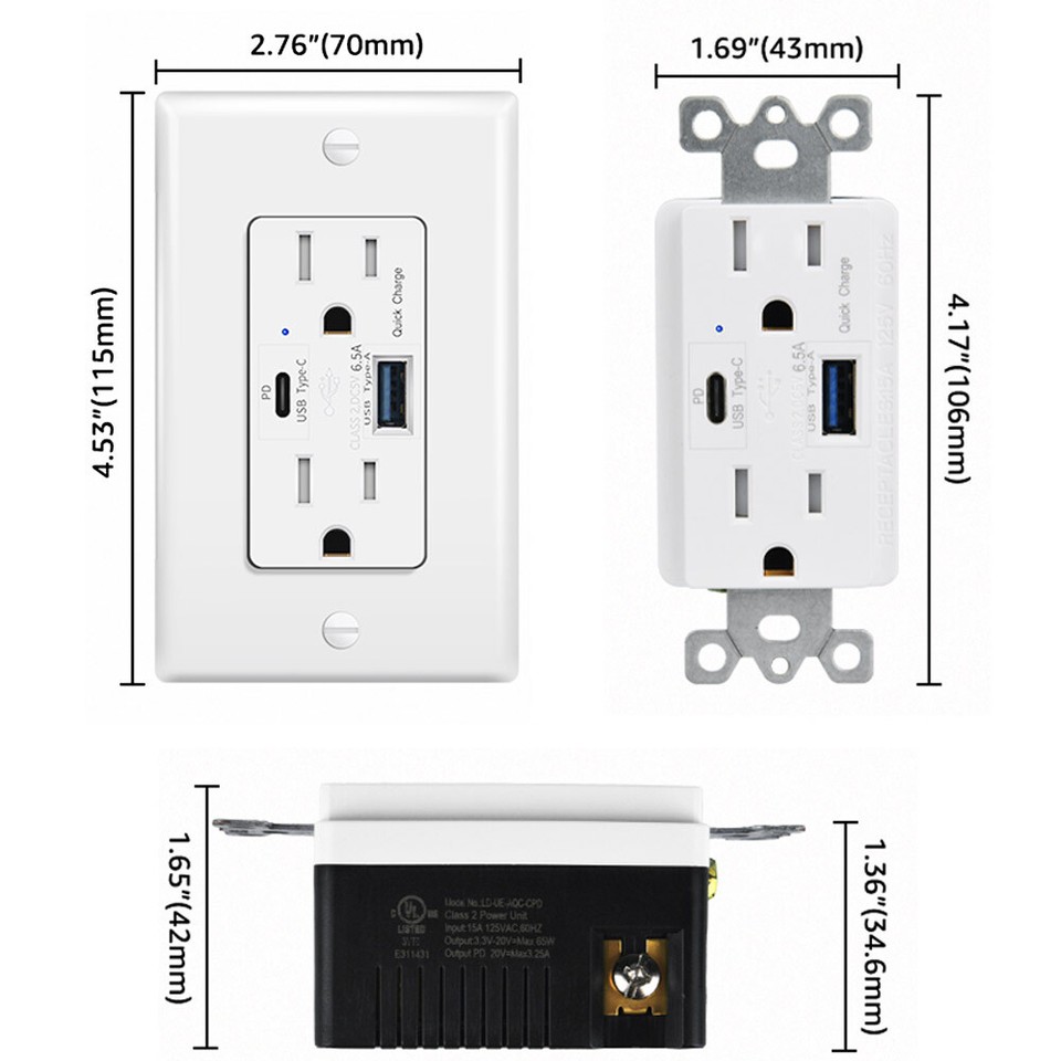 USB C Wall Outlet PD3.0 65W TypeC Fast Charging Receptacle for Laptop ...
