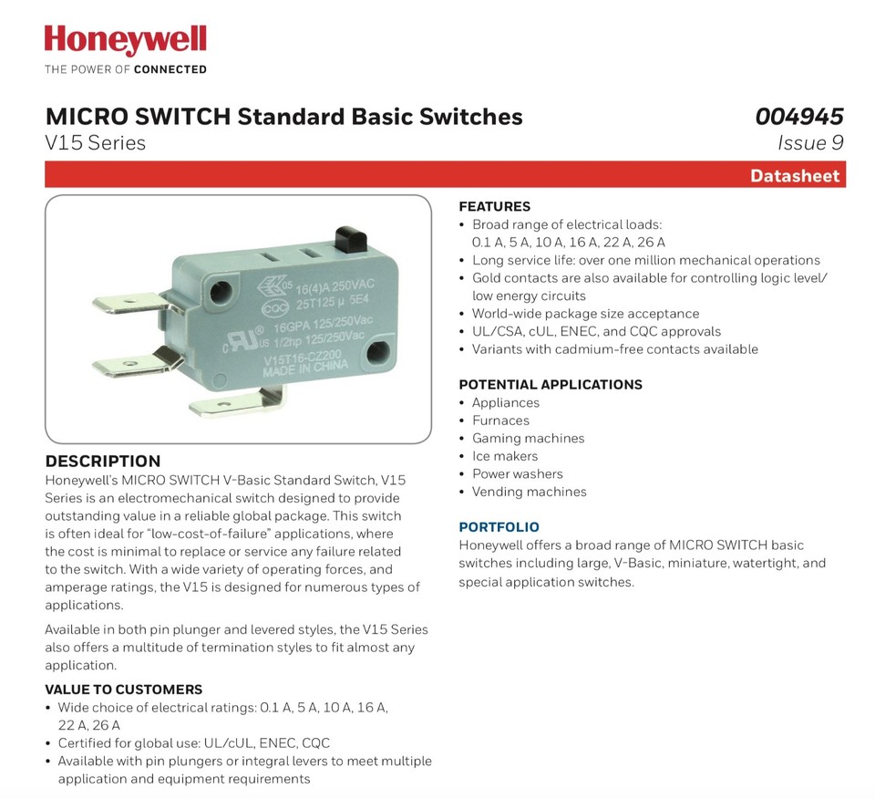 Honeywell V15T16-CZ200 Safety Micro Switch Part # W10211972, V15T16 ...