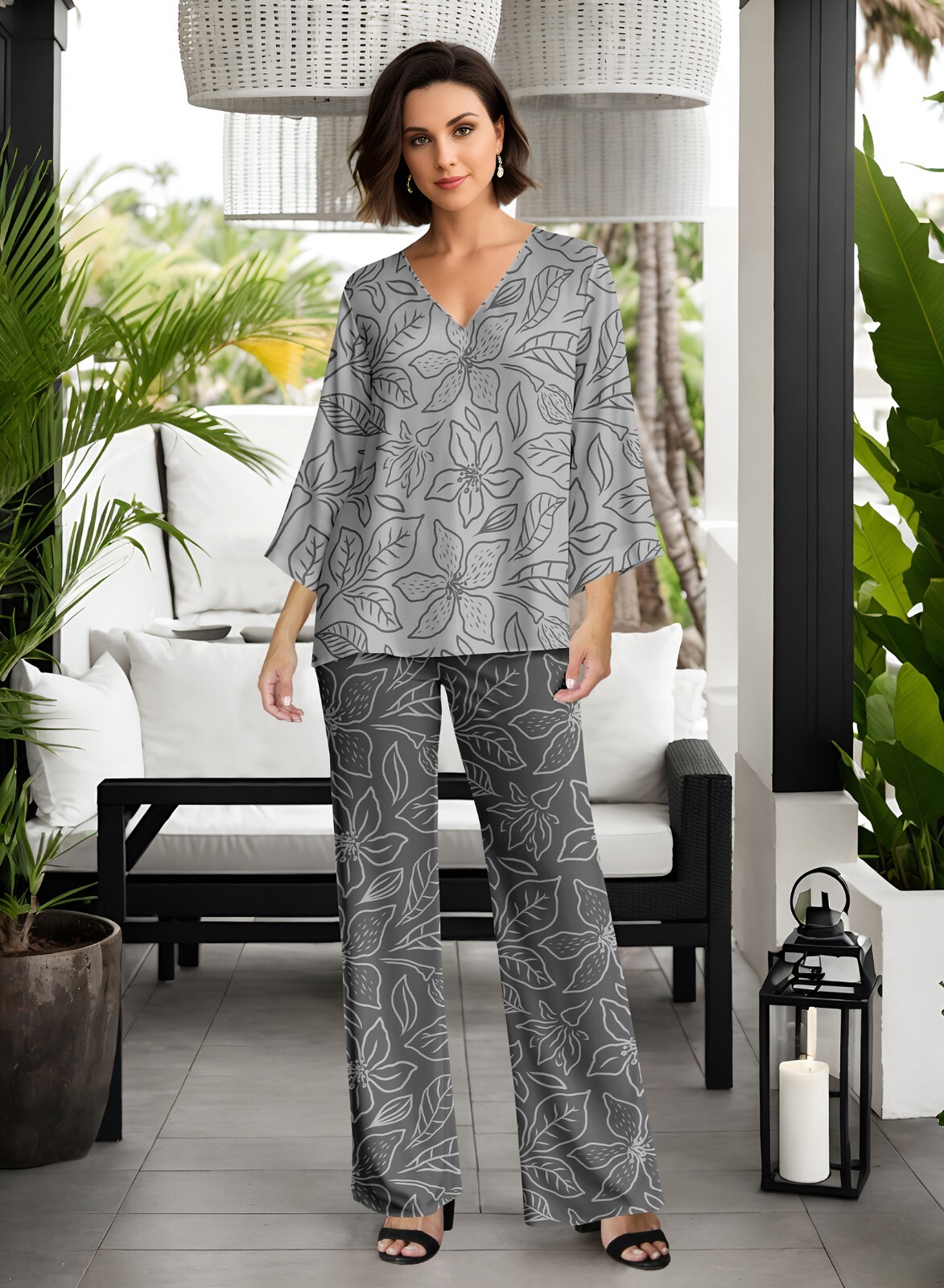 Bon Apple Tea Women's 2 Piece Set - 3/4 Sleeve V-Neck Tunic and Pocket ...