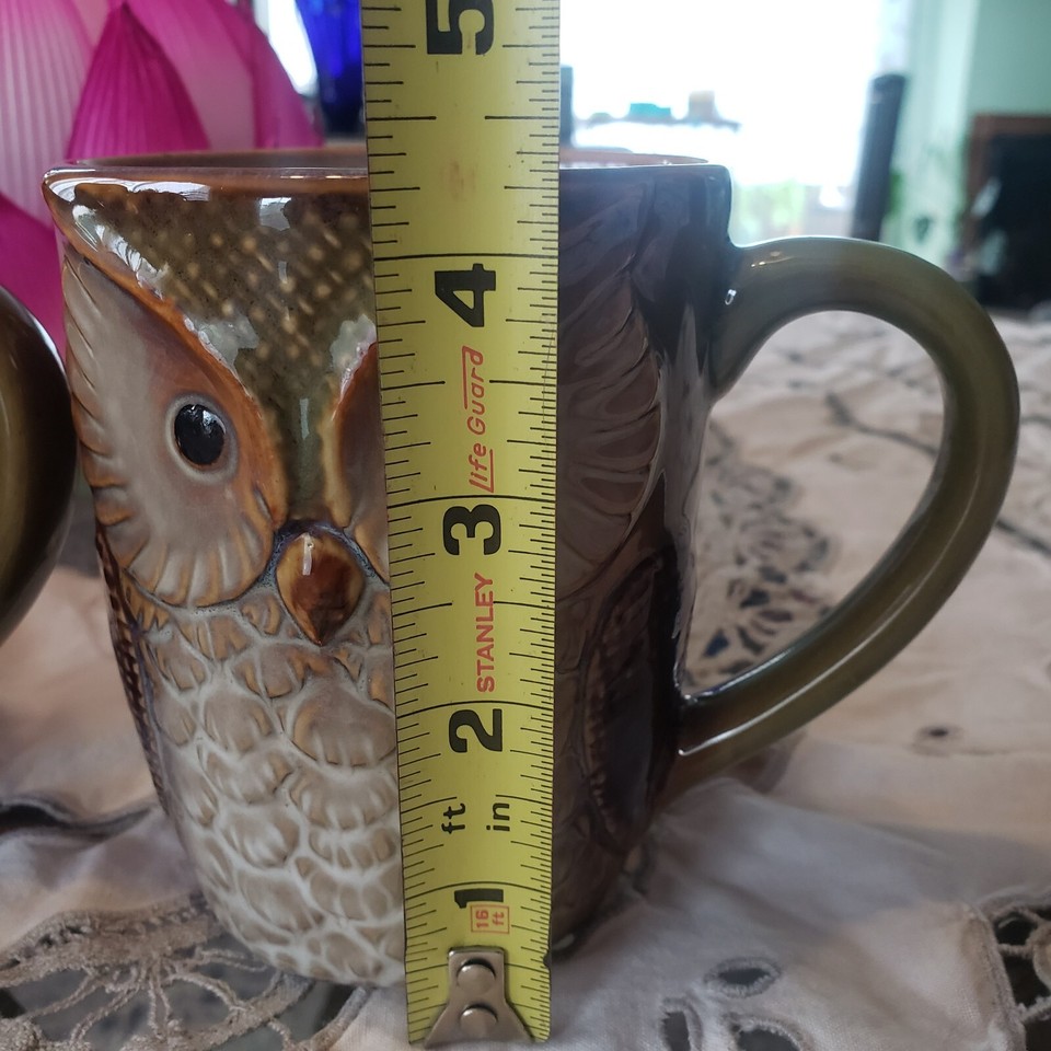 2 Nature's Home Forest green Owl cups Mugs Coffee Pottery Glazed bird ...