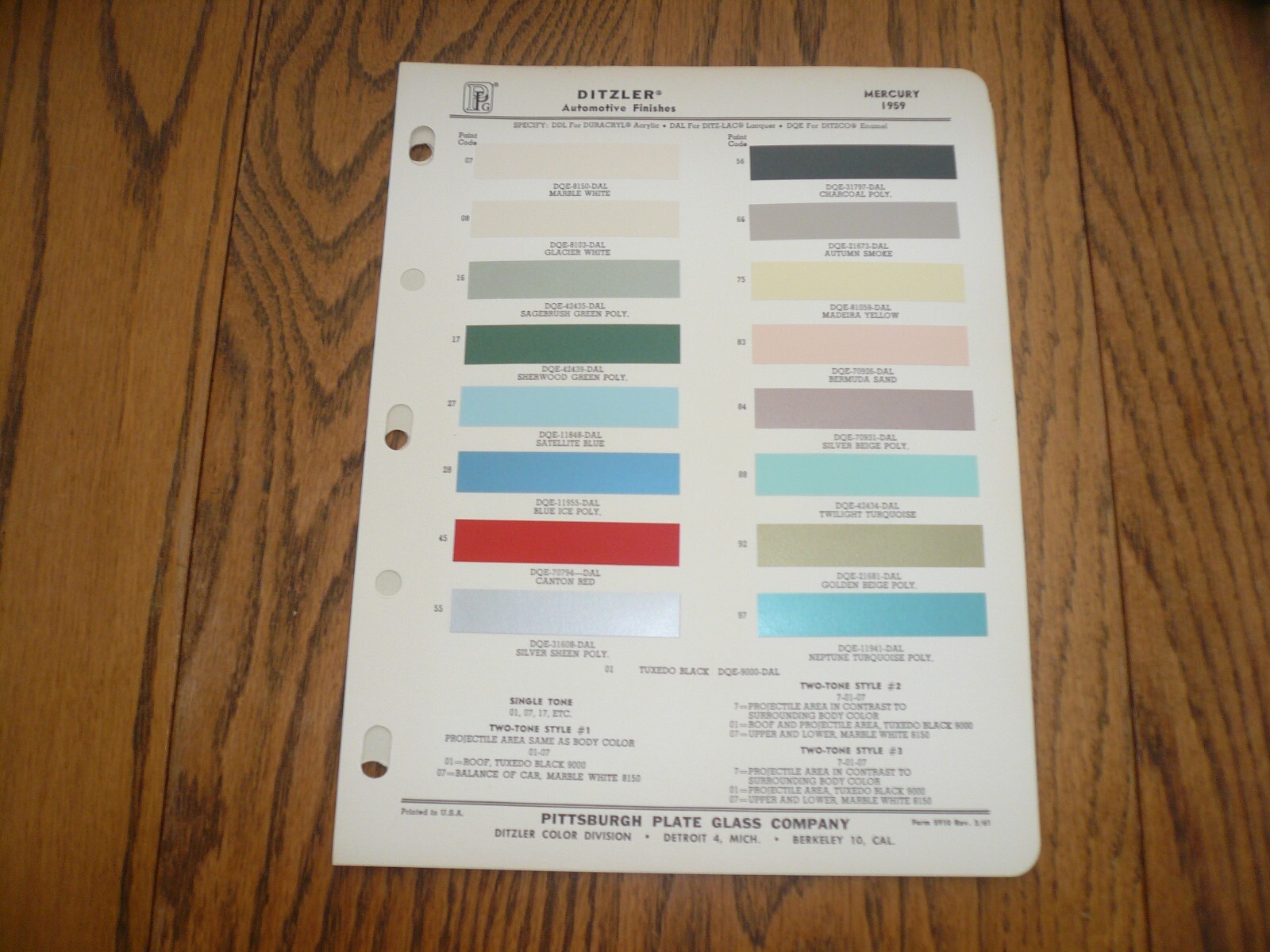 1959 Mercury Ditzler PPG Color Chip Paint Sample - Vintage | eBay