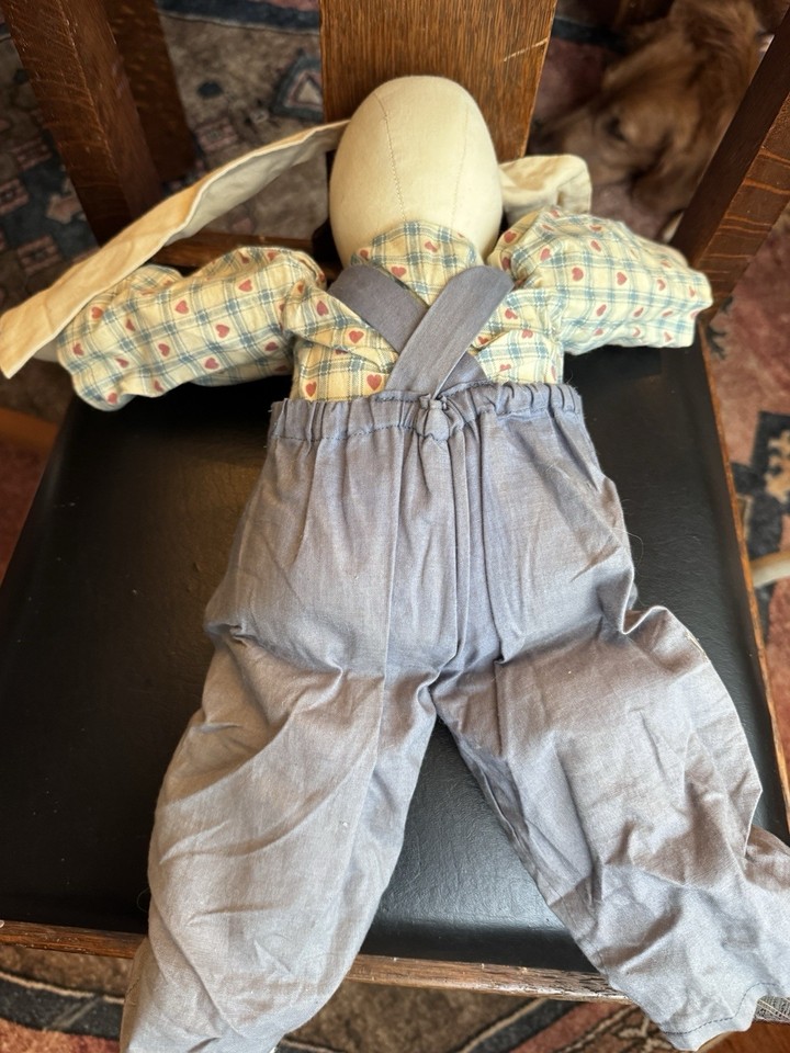19” Vtg Handmade Bunny Rabbit Floppy Ear Rag Doll Overalls Folk Art ...