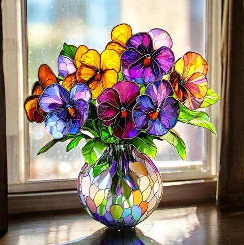 "Pansy Bouquet Stained Glass-Style Acrylic Suncatcher - 8in Vibrant ...
