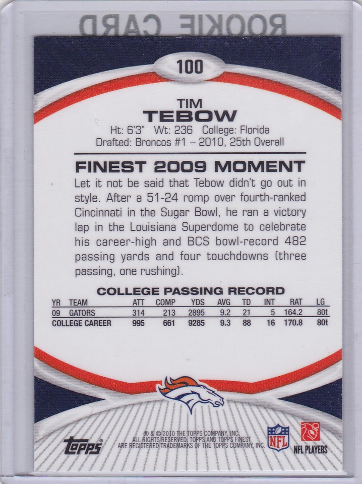 Tim Tebow 2010 Topps Finest RC Football Denver Broncos Gators ROOKIE ...