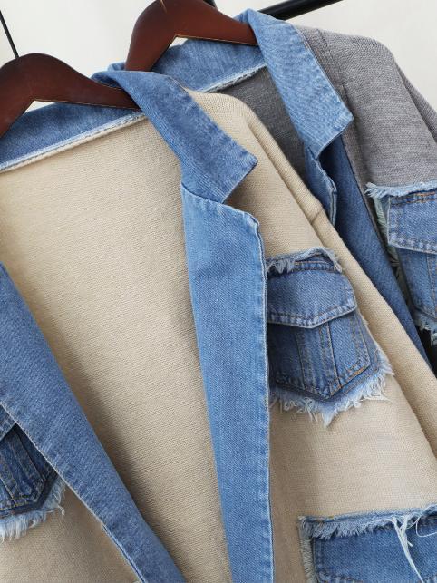 Denim Patchwork Sweater Coat Women's Loose Casual Knitwear Fashion ...