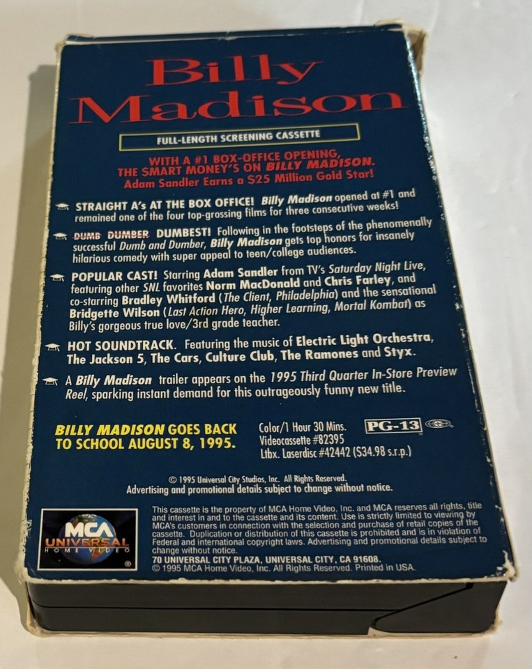 Vintage Billy Madison Full-Length Screen Cassette 1995 MCA VHS/VCR Tape ...