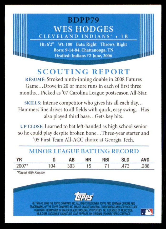 2008 BOWMAN DRAFT PICKS & PROSPECTS WES HODGES CLEVELAND INDIANS # ...