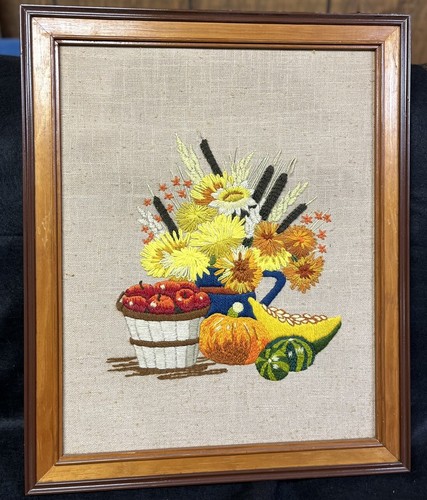 Vintage Crewel 3D Embroidered Flowers, Vegetables, And Fruit Framed Art ...