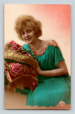 Woman in Teal with Fancy Cushion Dede Hand Painted RPPC 1925 Rotterdam ...
