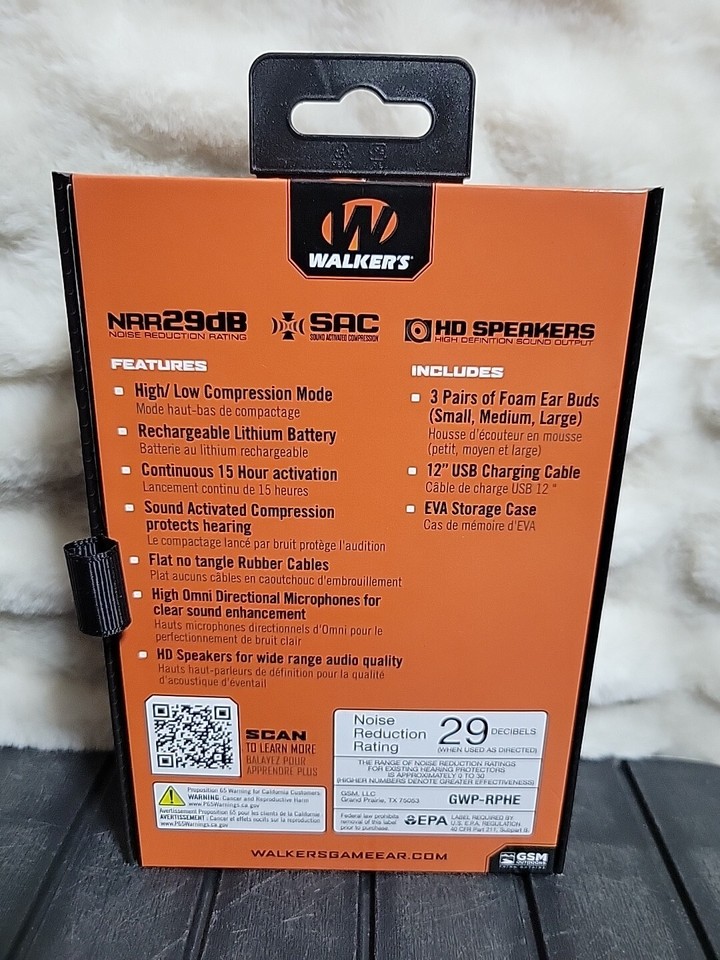 Walkers GWP-RPHE Rope Hearing Enhancer Rechargeable Electronic Earplugs ...