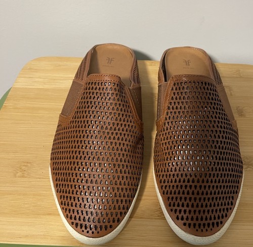 FRYE Melanie Cognac Brown Perforated Leather SlipOn Loafer Mules Flats ...