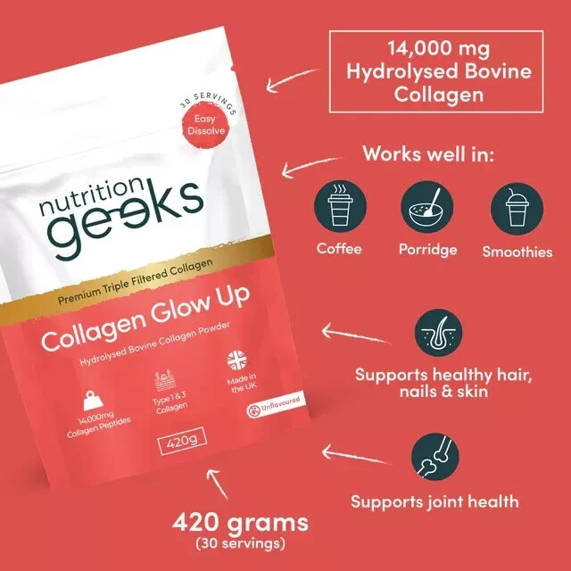 NUTRITION Geeks Collagen Glow Hydrolysed Bovine Collagen Powder with ...