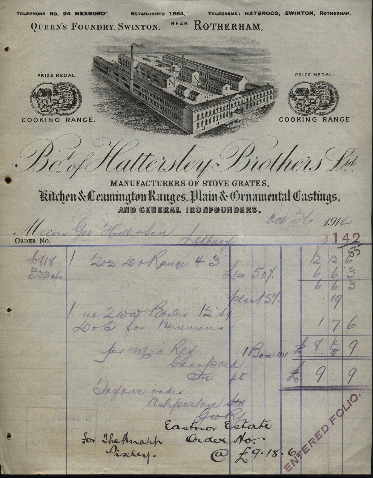 1914 SWINTON- ROTHERHAM-QUEEN'S FOUNDRY, Hattersley Brothers Iron ...