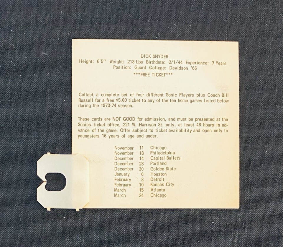 1973-74 Shur-Fresh Dick Snyder w/Tab Seatlle Supersonics Rare HTF | eBay