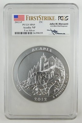 2012-P 25c Acadia NP Maine ATB 5 Oz Silver PCGS SP69 FS Mercanti Box ...