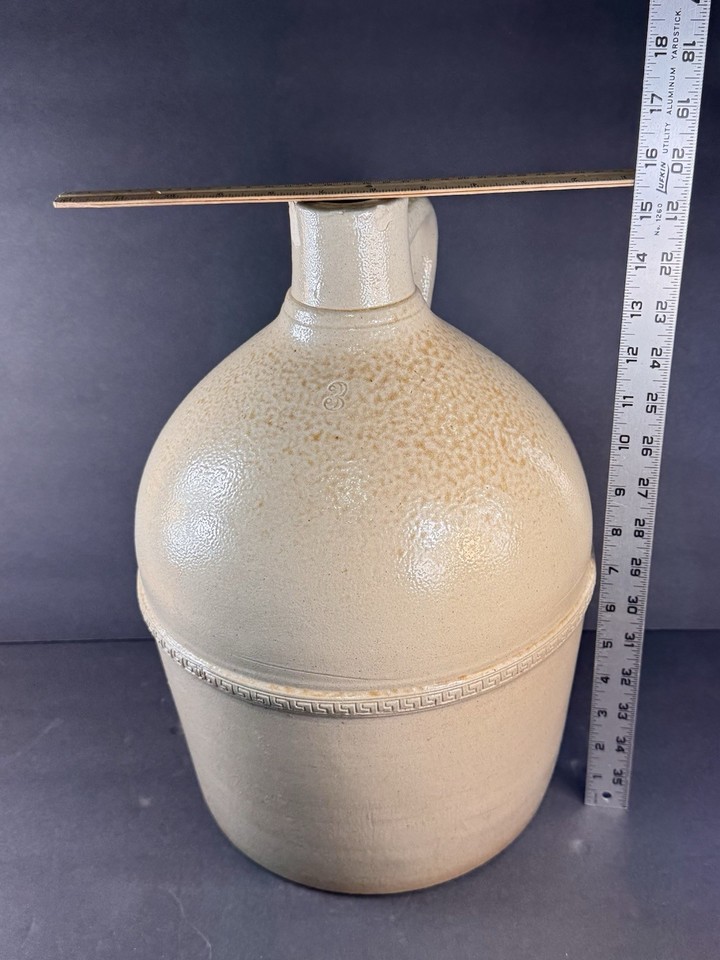 Vtg Salt Glaze Stoneware 3 Gallon Jug 15.5” Crock Greek Key Band w ...