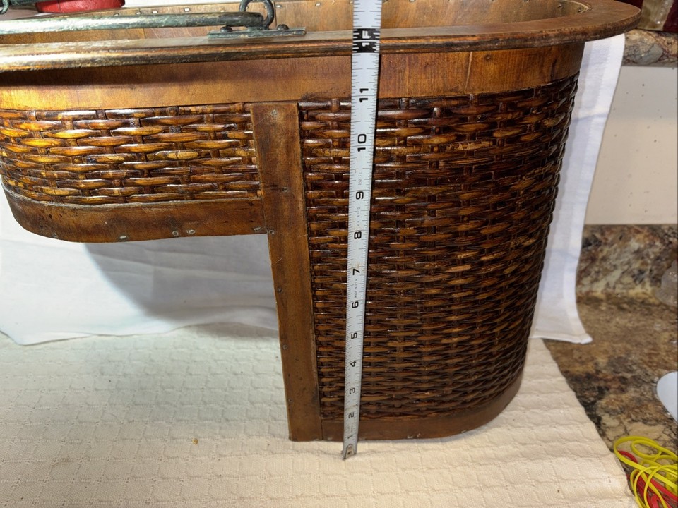 Antique Woven Wicker Rattan/Wood Stair Step Basket Iron Bail Handle ...