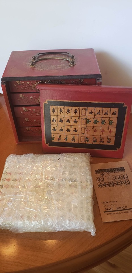 Antique Vintage Bamboo and Bone Mah Jong Mahjong Set Tiles Wood Box ...