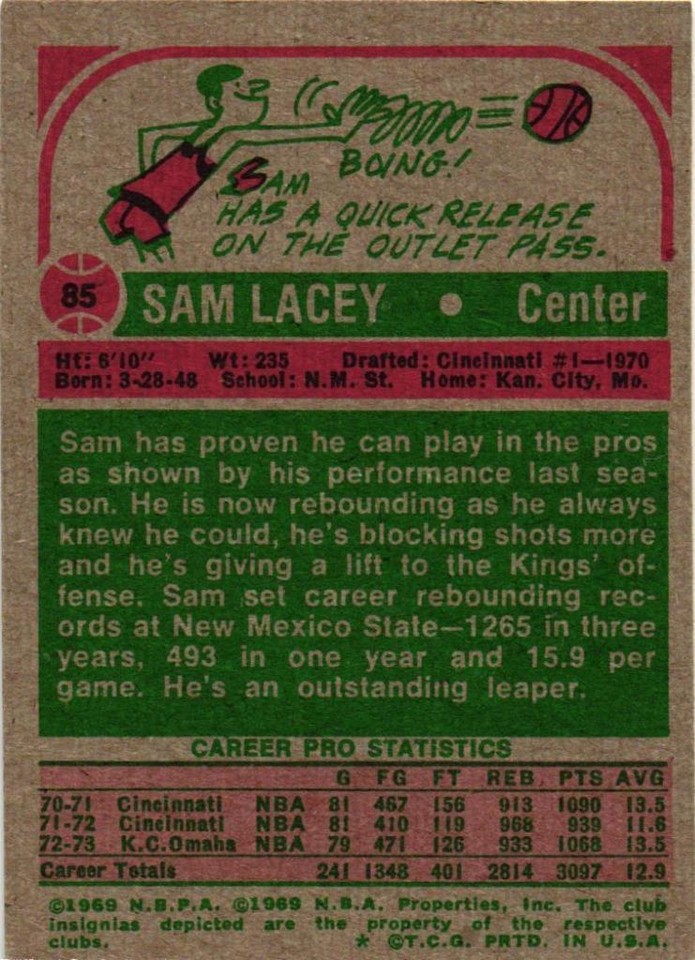 SAM LACEY 1973-74 Topps Basketball #85 FREE SHIPPING B16R1S6P7 | eBay