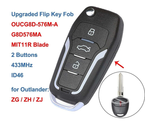 Flip Remote Car Key Fob 2 Buttons 433MHz ID46 for Mitsubishi Outlander ...