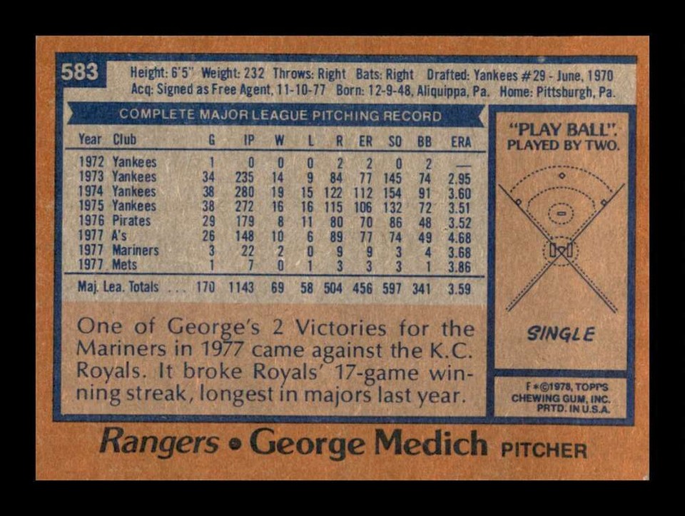 1978 Topps Doc Medich #583 Texas Rangers | eBay