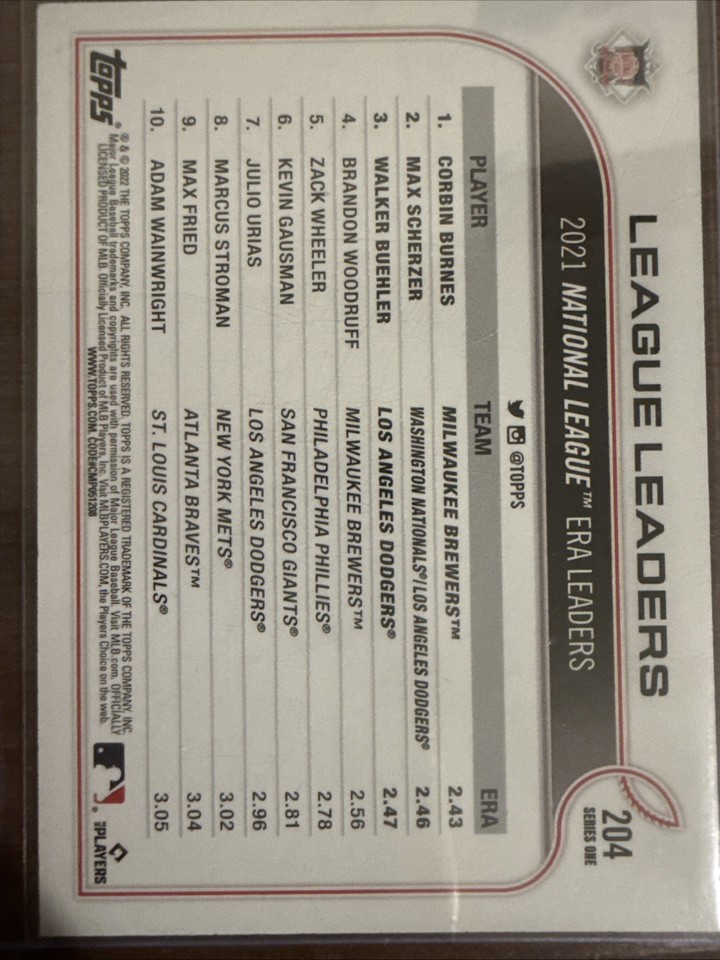 2022 Topps Series 1 1st Edition-League Leaders Scherzer,Buehler,Burnes ...