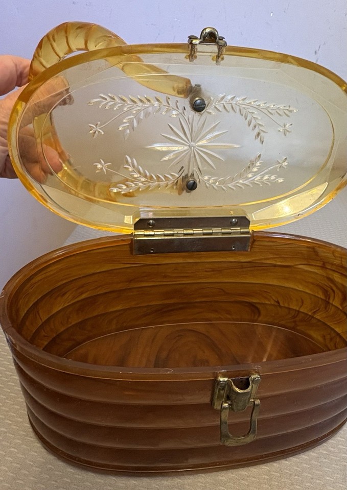 50s vintage Lucite Plastic Box Purse Clear Honey Amber Reverse Carved ...