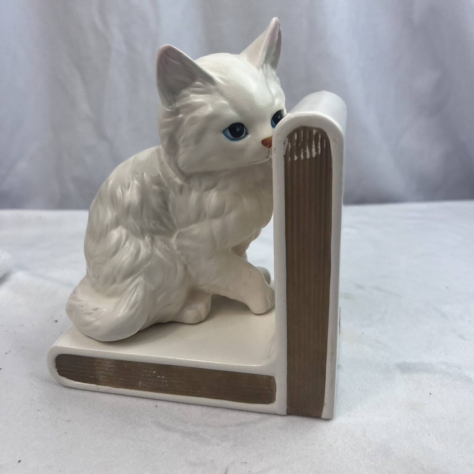 Vtg Lefton White Persian Cat Bookend Left Side Kitty Blue Eyes Figurine ...