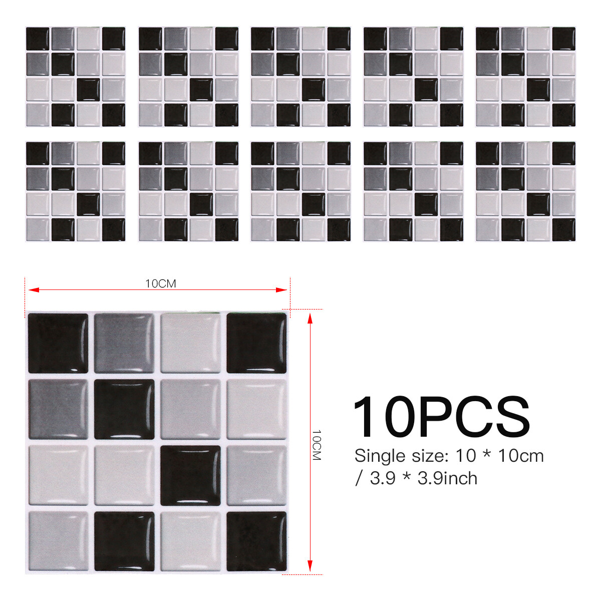 10PCS 3D Mosaic Tile Stickers Stick On Bathroom Kitchen Self-adhesive ...