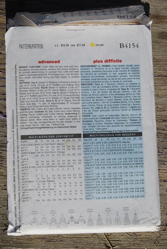 Butterick sewing pattern B4154 uncut, Period Costume, size 6, 8, 10 | eBay