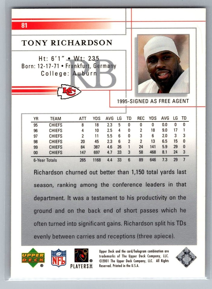 2001 UPPER DECK CARD # 81 Tony Richardson - Kansas City Chiefs | eBay