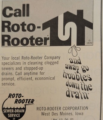1970 Roto Rooter Vintage Print Ad Sewer Drain Service And Away Go ...