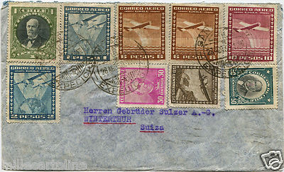 CHILE, FROM SANTIAGO TO SWITZERLAND, AUG 1936, 9 STAMPS (6 CORREO AEREO ...