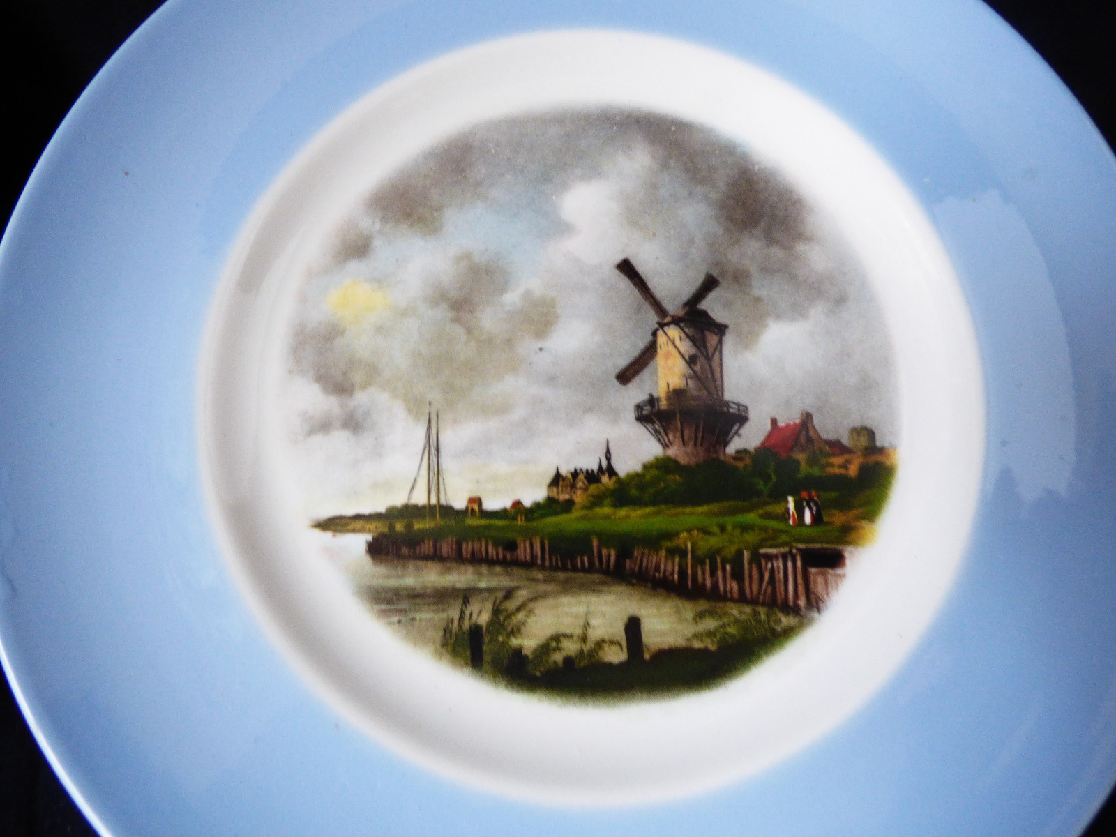 VTG Dutch Holland Set of 2 blue rim Windmill & country scene porcelain ...
