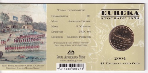 AUSTRALIAN: 2004 $1 EUREKA STOCKADE UNC COIN M MINT MARK ON CARD MID ...