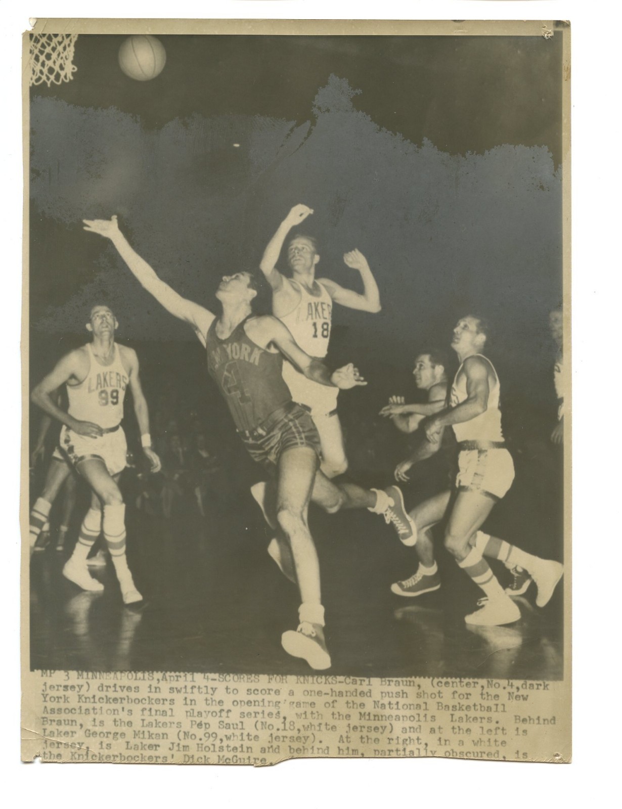 Carl Braun NY Knicks / George Mikan LA Lakers 1953 NBA Finals 5x7 Wire ...