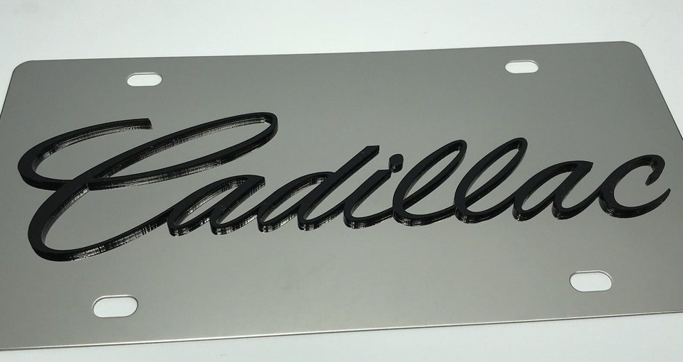 Cadillac Script Emblem 3D Chrome Black Stainless Steel License Plate ...