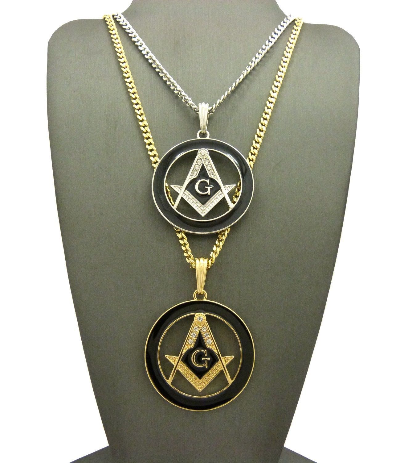 FREEMASONS MASONIC ILLUMINATI G COMPASS PENDANT CUBAN 2 CHAIN NECKLACE ...