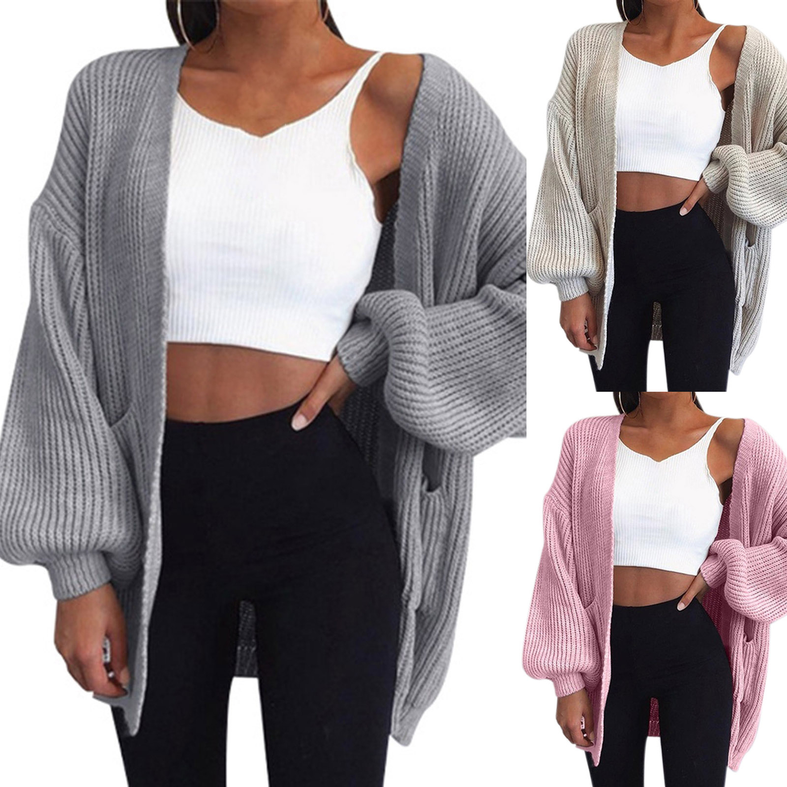 Sweater Lantern Sleeve Warm Warm Elastic Cardigan Sweater with Pockets ...