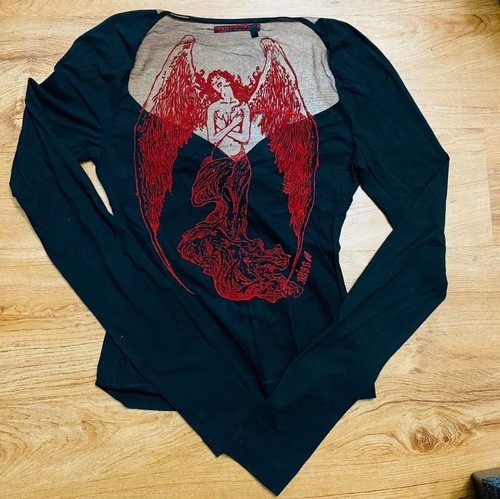Vintage Miss Sixty Black & red Fallen Angel Mesh Back Long Sleeve Top L ...