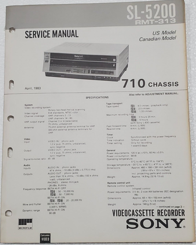 Sony SL-5200 Original Service Manual BetaMax VideoCassette Recorder | eBay