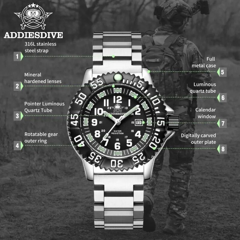 44MM ADDIESDIVE Military Quartz Dive Watch Men Steel 50M Waterproof ...