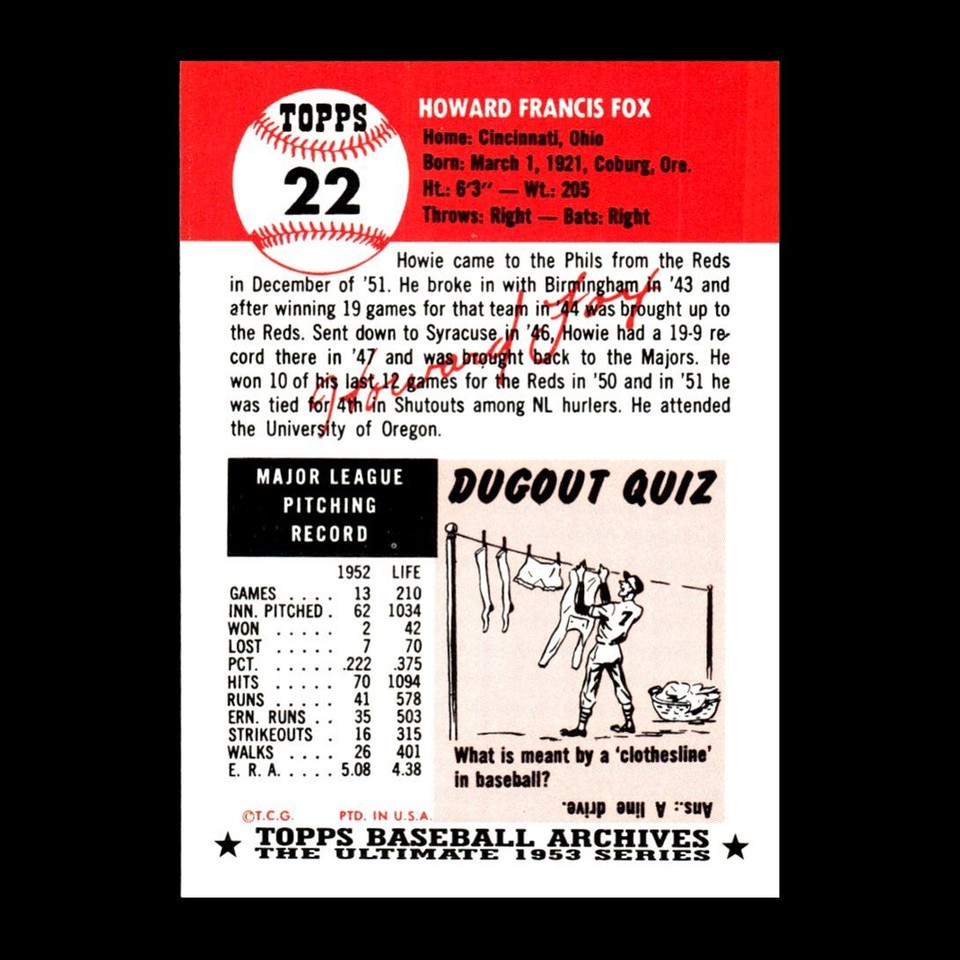 Howie Fox 1991 Topps Archives 1953 Philadelphia Phillies #22 NM-MT GM 2 ...