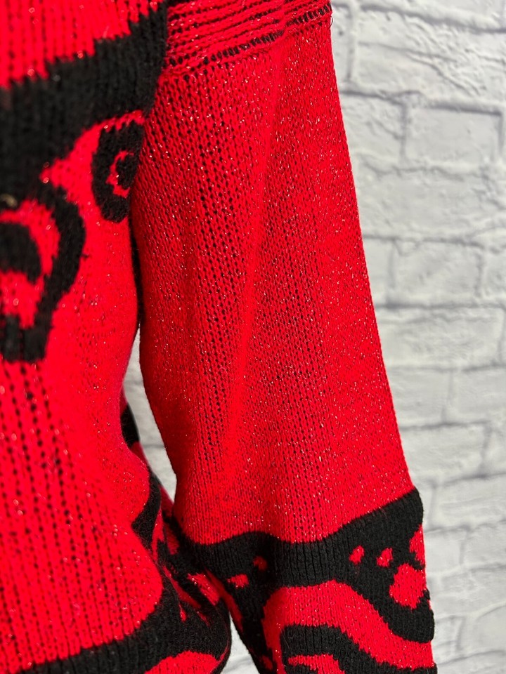 Rose Metallic Knit Black & Red Pullover Round Neck Long Sleeve Sweater ...