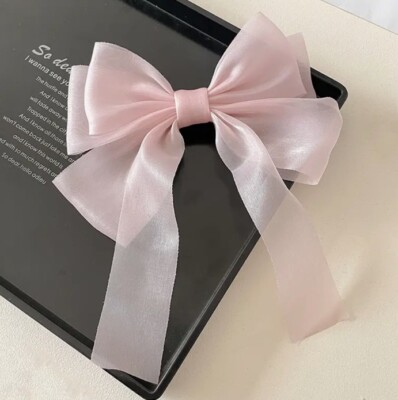 Light Pink Organza Stylish Bow with Big Ribbon Hair Clip All Hair Types ...